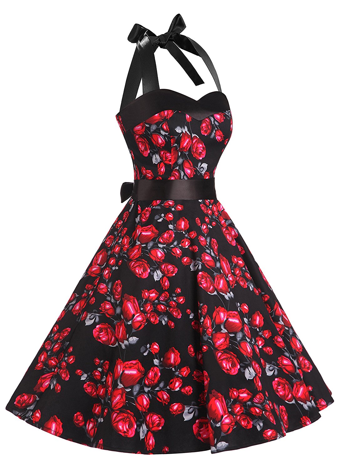 50s Vintage Rockabilly Style Halter Black Floral Print Party Dress on ...