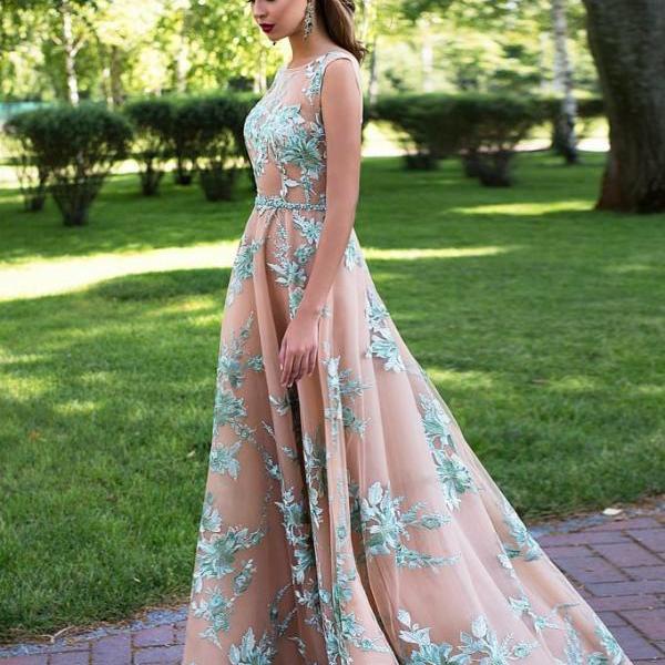 Unique A-line Bateau Sleeveless Backless Long Prom/evening Dress With ...