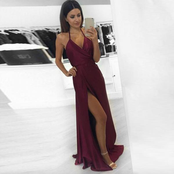 Modern Sheath Halter Backless Split Front Burgundy Long Prom Dress on ...