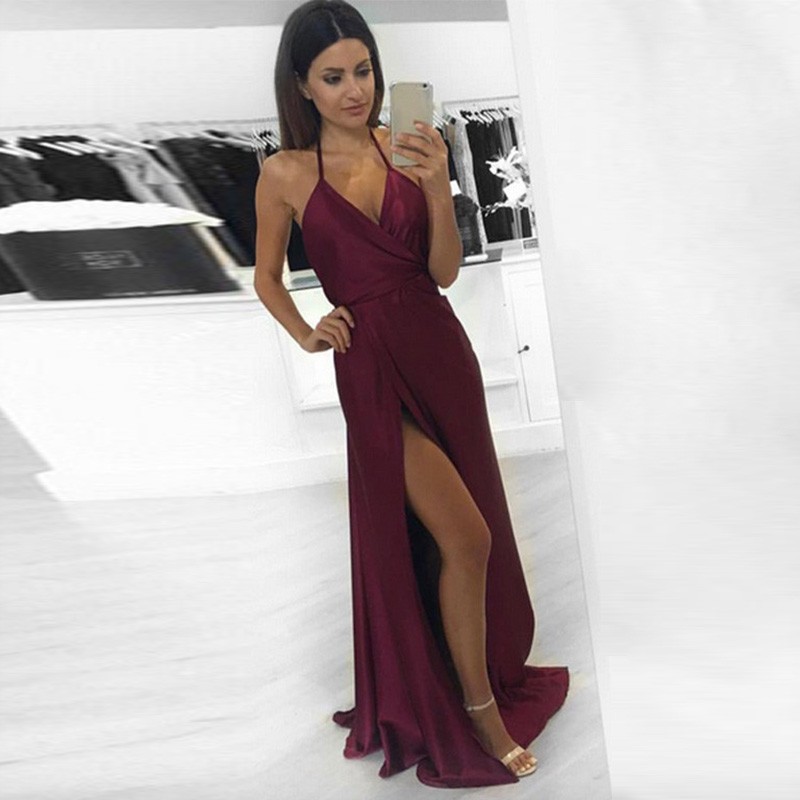 Modern Sheath Halter Backless Split Front Burgundy Long Prom Dress on ...
